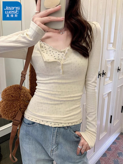 NR Real Wesse Lace Spliced Fake Two-Piece Long Sleeve T-shirt for Women ...