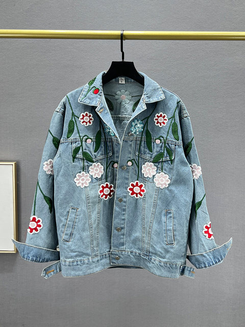 ins European sequin embroidered flower denim jacket for women 2024 ...