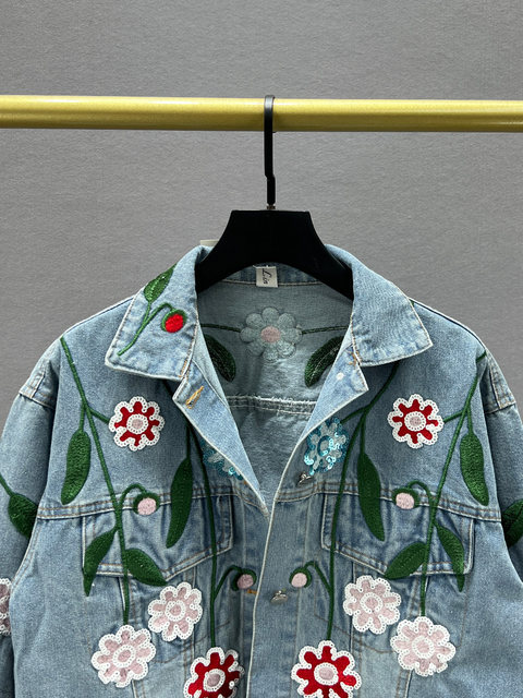 ins European sequin embroidered flower denim jacket for women 2024 ...
