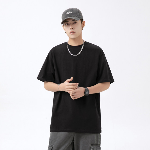 WASSUPHEODS 280g cotton heavyweight basic short-sleeved T-shirt men's American high street half ...