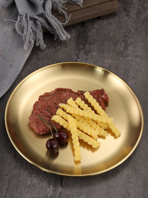 Korean-Style 304 Stainless Steel Round Plate, Golden Fruit Cake Plate ...