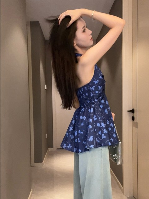 liyu liyu fish French halter neck floral slim temperament waist-hugging ...