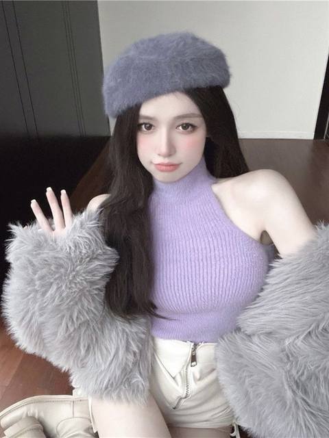 Sexy purple tube top off -the shoulder hanging neck suspender vest ...