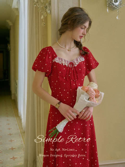 SimpleRetro lace French square collar dress for women vintage puff sleeve polka dot skirt