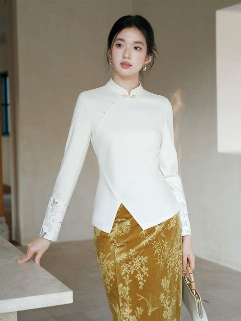 Chuchan's New Chinoiserie White Inner Layering Shirt Autumn and Winter National Style Long ...