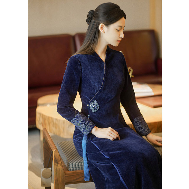 Chuchan Chinese style women's autumn and winter navy blue corduroy Zen tea suit thickened Hanfu ...