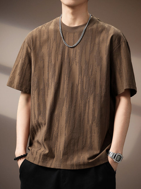 High-end bark texture short-sleeved T-shirt men's loose summer new ...