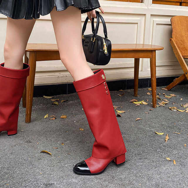Qieryi European station genuine leather red high boots color-blocking ...