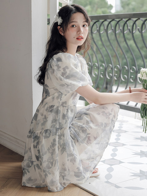 Luo Yuxuan summer new French sweet ink printed bubble short -sleeved dress high waist high ...