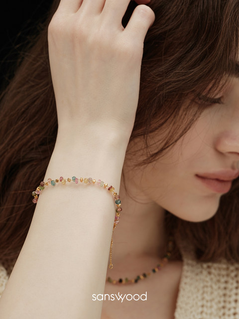 sanswood Senwu Colorful Natural Tourmaline Beaded Sterling Silver Bracelet for Women's Light ...