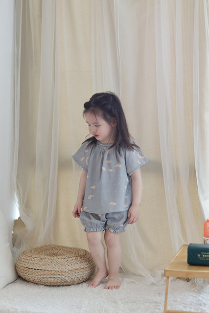 Children's short-sleeved bamboo fiber home clothes set baby thin ...