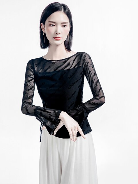 Letter flocking black translucent lace dance top for women with one ...