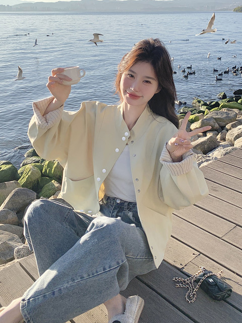 Striped cuffs casual short light yellow jacket for women Spring and ...