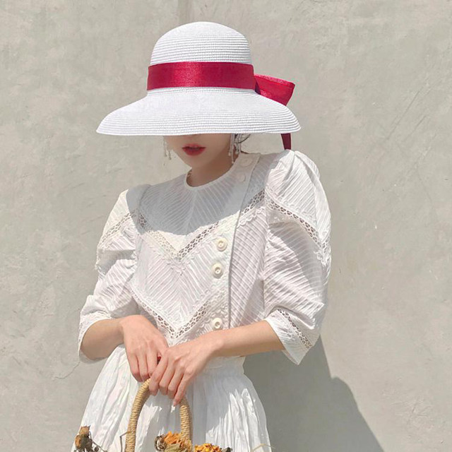 French straw hat retro Hepburn hat girl in summer big brima white sun ...