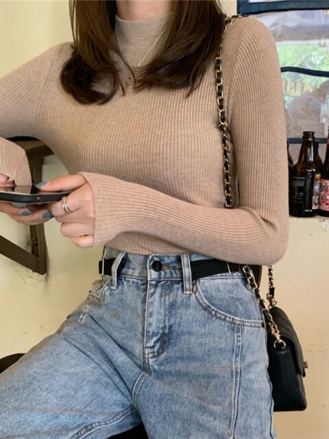 Gentle wind pullover half-turtleneck sweater tight long-sleeved knitted ...