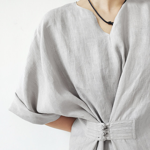 New Chinese Zen style hemp dress with buckle niche design V-neck bat ...