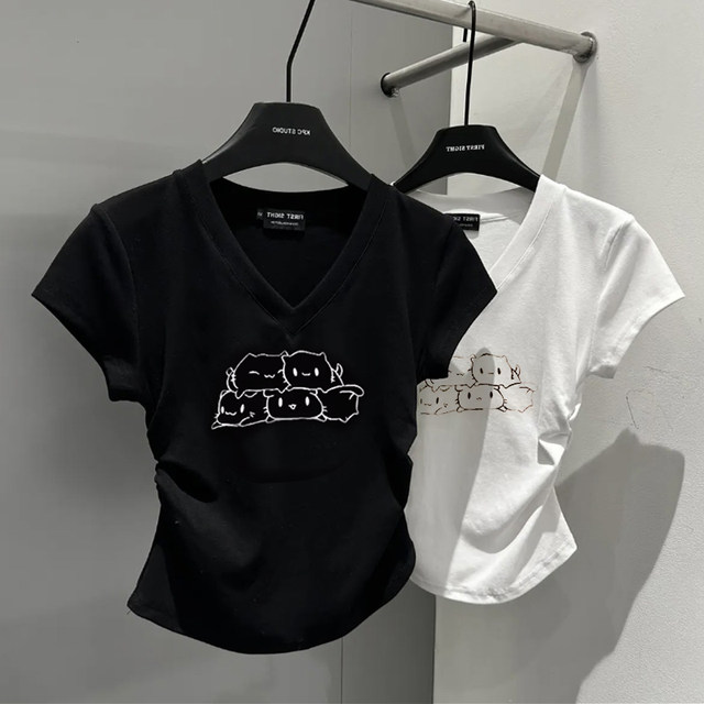 American -style V -neck cartoon printing blue short -sleeved T -shirt ...