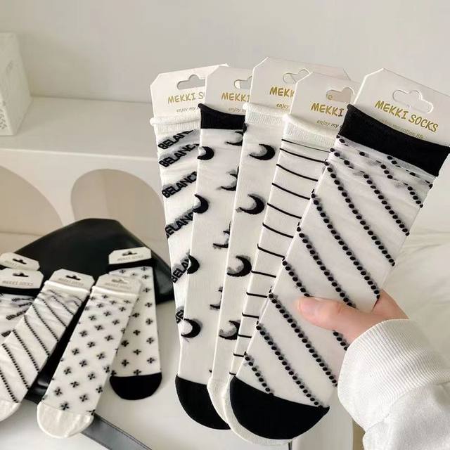 Crystal socks for women, glass silk transparent tulle mid-tube rolled ...