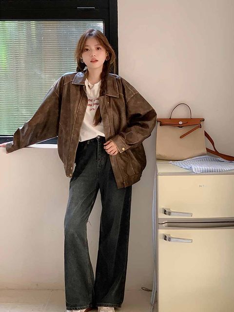 Brown small leather jacket for women 2025 spring and autumn new style ...