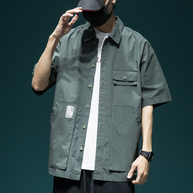 Japanese retro workwear short-sleeved shirt men's loose large size thin ...