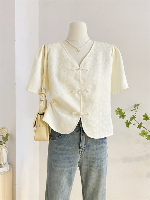 New Chinese V-neck button short-sleeved shirt for women 2025 summer ...