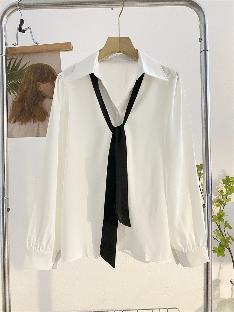 French temperament V-neck white long-sleeved shirt for women with ...