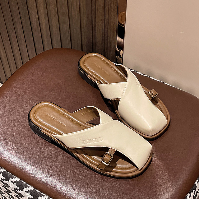 Genuine leather open-toed toe-cap slippers for women 2024 summer new ...