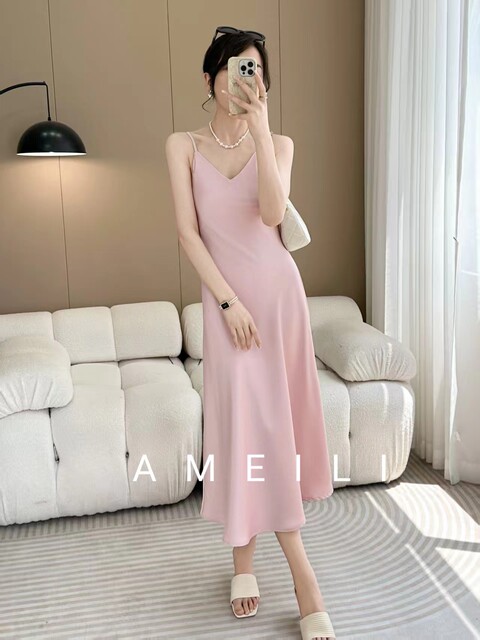 New summer imitation acetic acid satin suspender dress with high-end ...