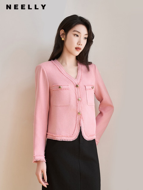 NEELLY V-neck sweet and chic fur-edged top for women's spring single ...