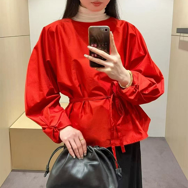 Nordic niche ~ Standard style drawstring waist top for women round neck ...