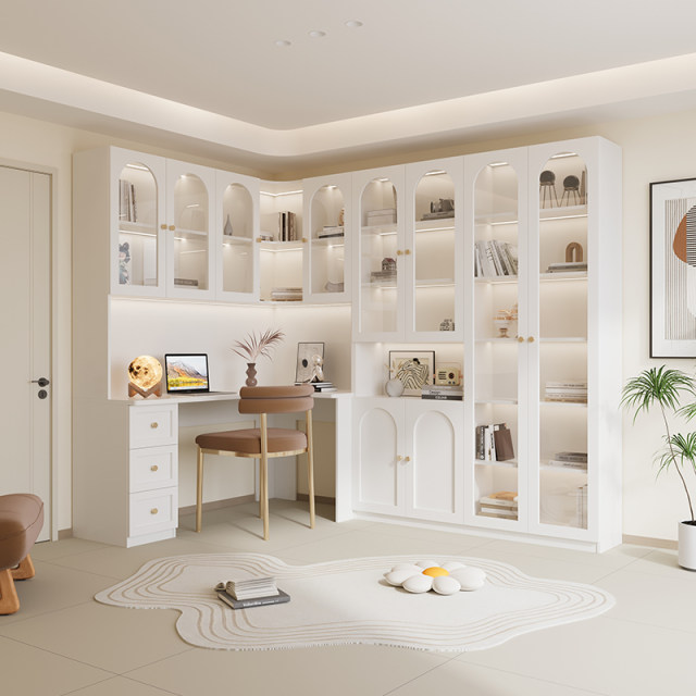 Solid wood corner desk bookshelf combination bookcase office all-in-one ...