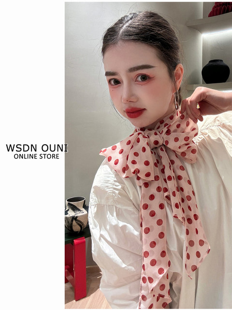French retro brown polka dot long scarf high-end accessories tie neck ...