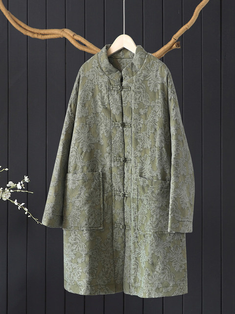 Retro literary dark pattern jacquard linen jacket winter quilted ...