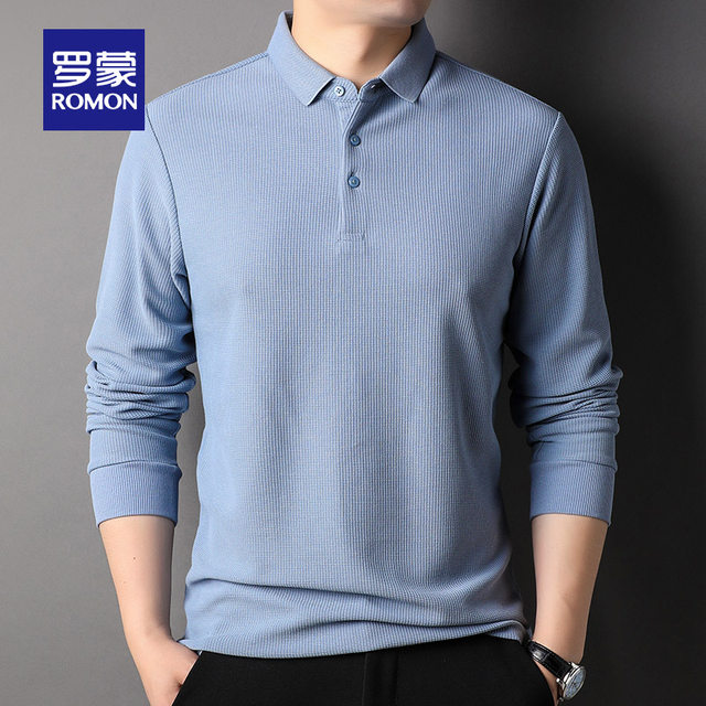 Romon Men's T-shirt 2025 Spring Solid Color Long Sleeve POLO Casual T-shirt