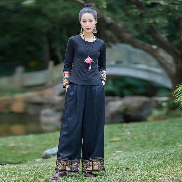 Real shot of ethnic style Miao embroidered thick satin wide-leg pants ...