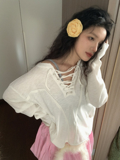 JDL MODE 2025 Spring V-neck Drawstring White Long Sleeve Base Shirt ...