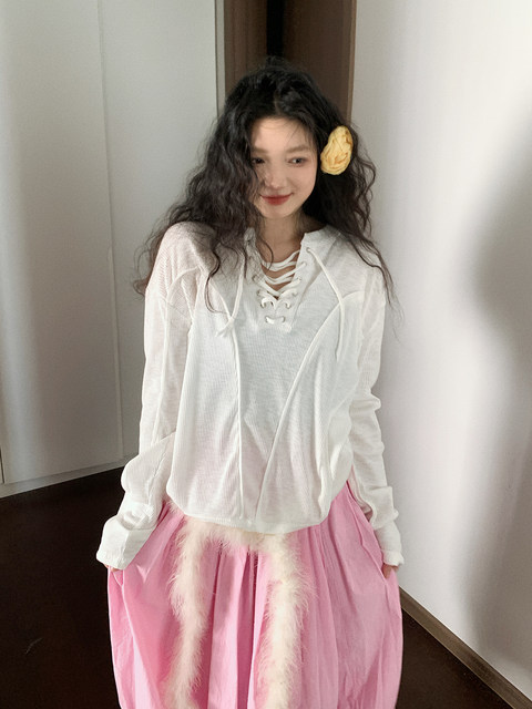 JDL MODE 2025 Spring V-neck Drawstring White Long Sleeve Base Shirt ...