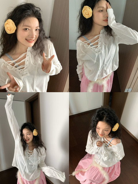 JDL MODE 2025 Spring V-neck Drawstring White Long Sleeve Base Shirt ...