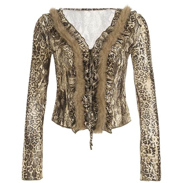 WEEKEEP European and American style sexy leopard print fur stitching lace-up long-sleeved T ...