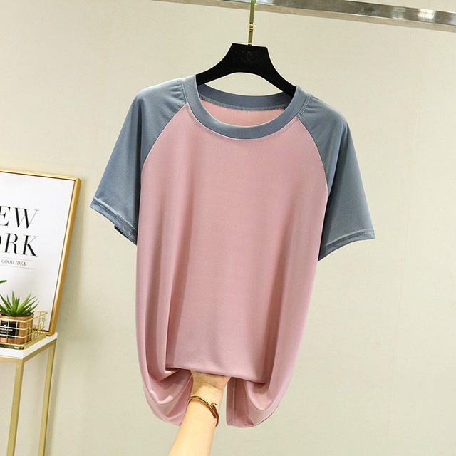 Modal ice silk top women's summer round neck color block T-shirt large ...