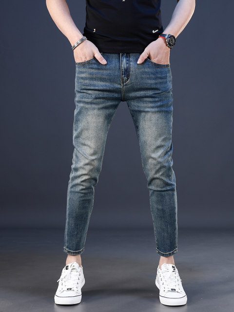 2025 blue wash nine-point jeans men's slim and small feet make them ...