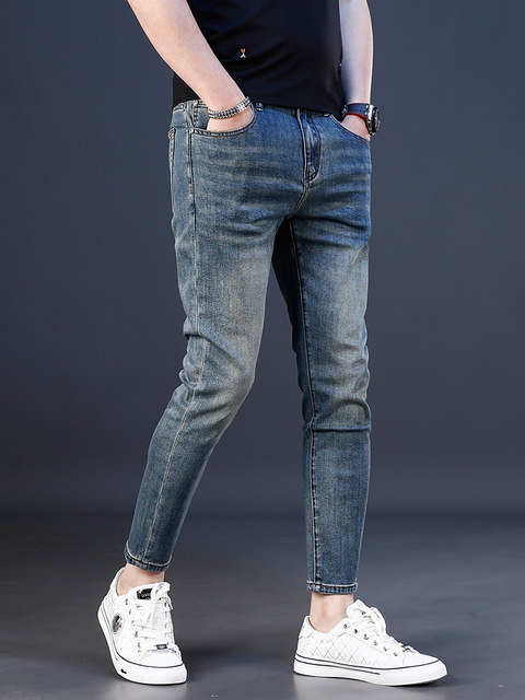2025 blue wash nine-point jeans men's slim and small feet make them ...