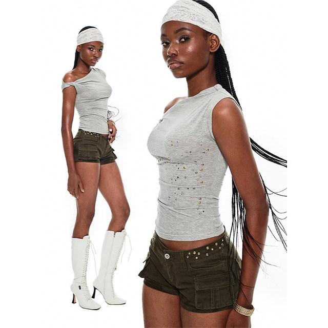 1JINNSTUDIO one-shoulder twisted off-shoulder irregular pleated T-shirt ...