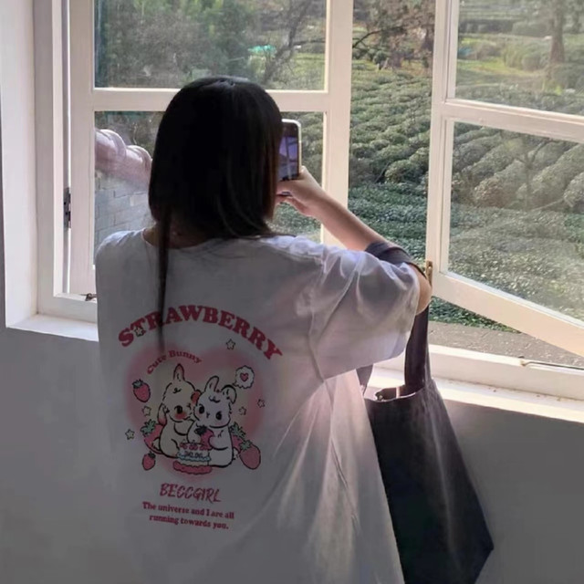 Pure cotton heavy design sense rabbit printed short-sleeved T-shirt for ...