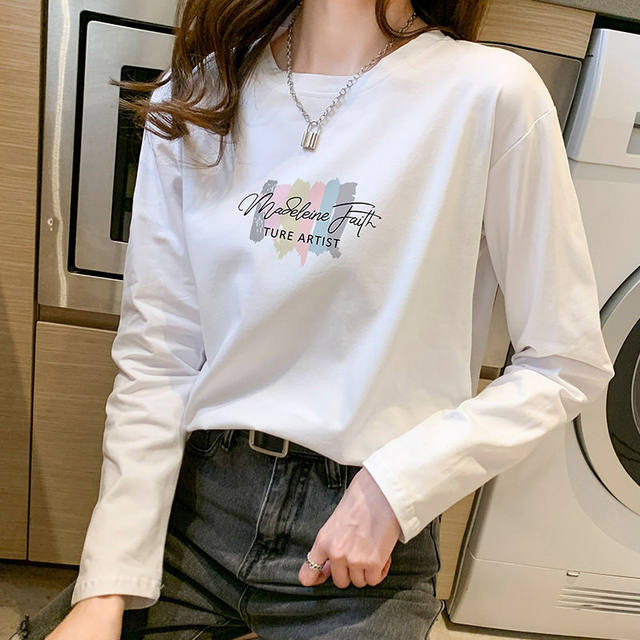 White printed long -sleeved T -shirt female ins2024 new loose spring autumn and winter clothes ...
