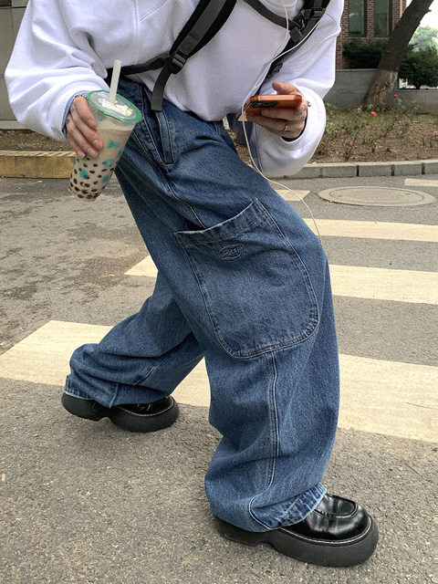 Aurocean work jeans heavyweight cotton retro washed distressed large pockets loose large version ...