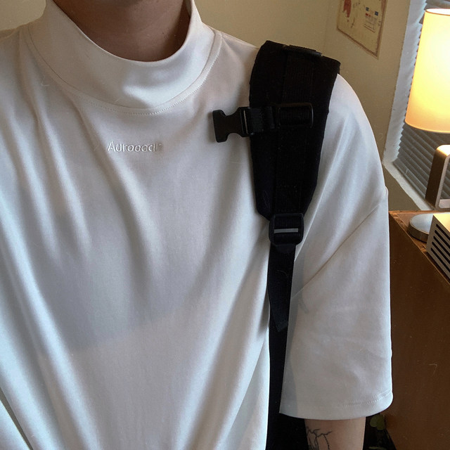 Aurocean inner turtleneck short sleeve summer black and white loose basic letter embroidered T-shirt