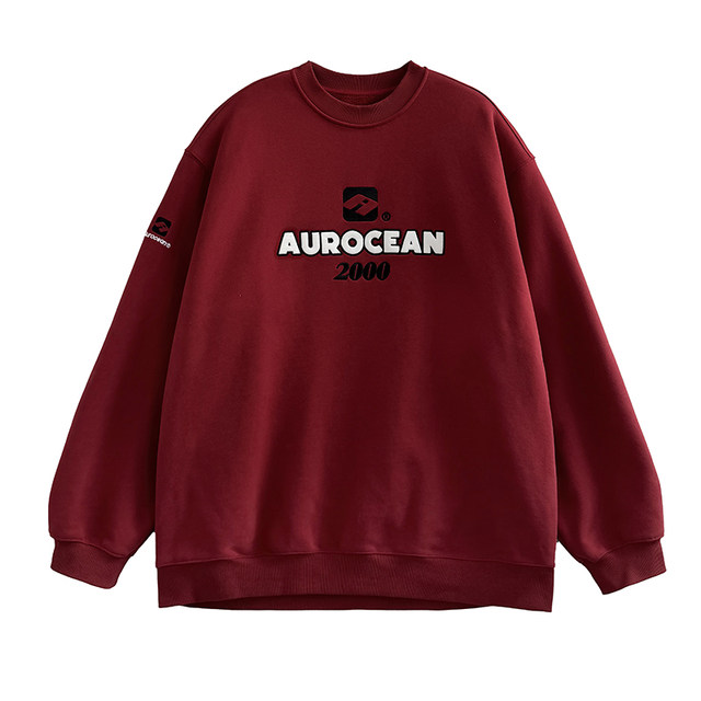 AUROCEAN plus velvet -neck sweater fixed dyeing retro deep red 440 grams of heavy loose version ...