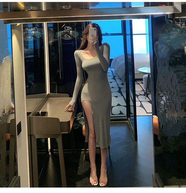 Hot girl anchor long slit dress for women 2024 autumn clothes pure sexy ...