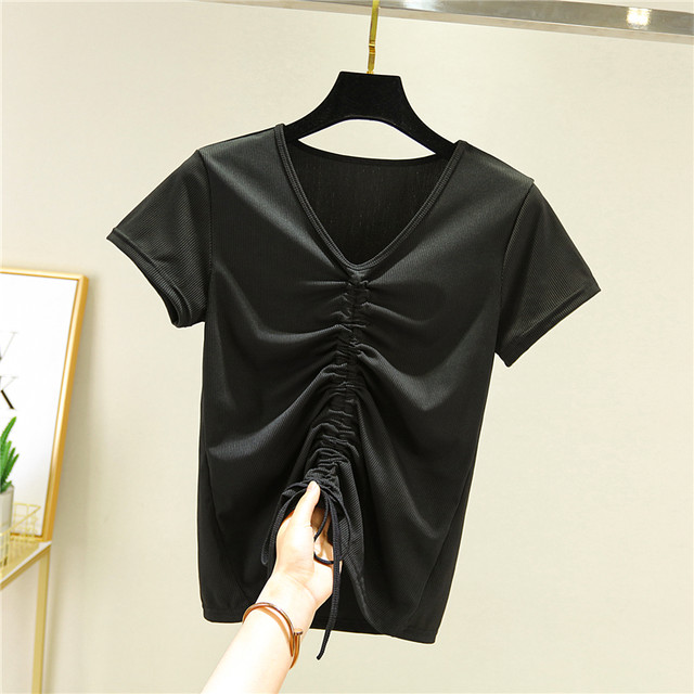 Drawstring T-shirt women's summer modal v-neck short-sleeved inner ...